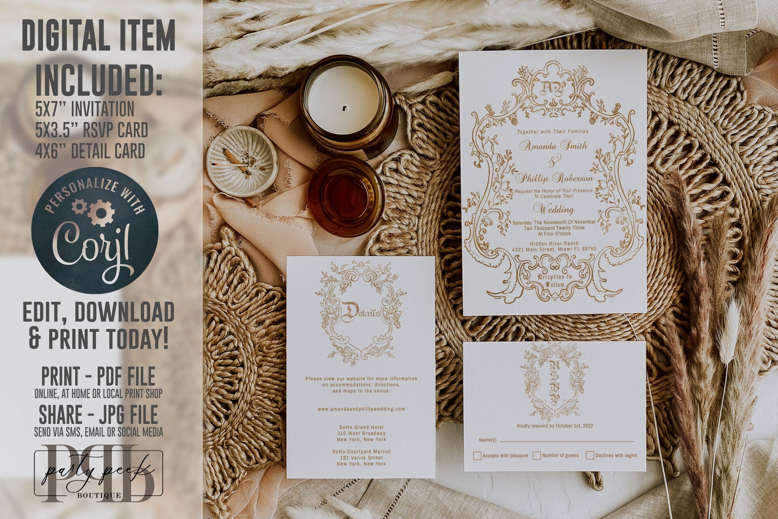 Editable Baroque Wedding Invitation Set, Classic Wedding, Traditional, Elegant, Floral Crest ...