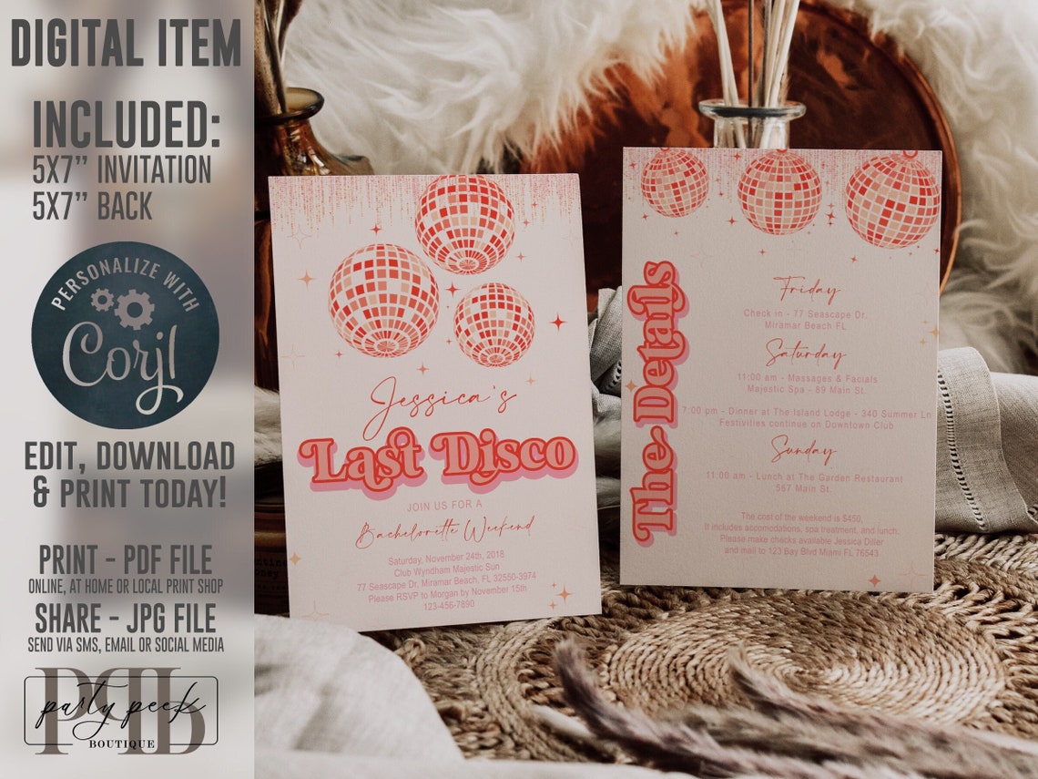 Editable Last Disco Bachelorette Invitation With Itinerary, Hippie ...