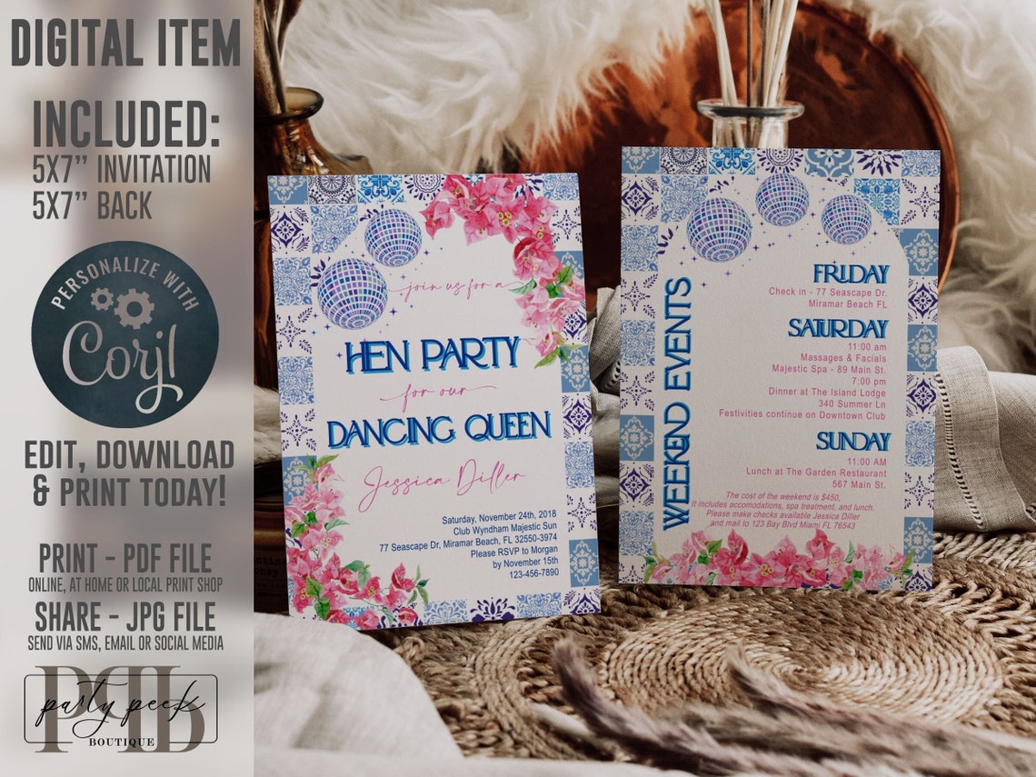 Editable Dancing Queen Bachelorette Invitation With Back, Mamma Mia ...