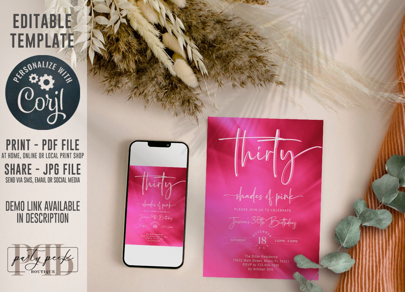 Editable Pink Invitation, Shades of Pink Birthday Invitation, All Ages ...