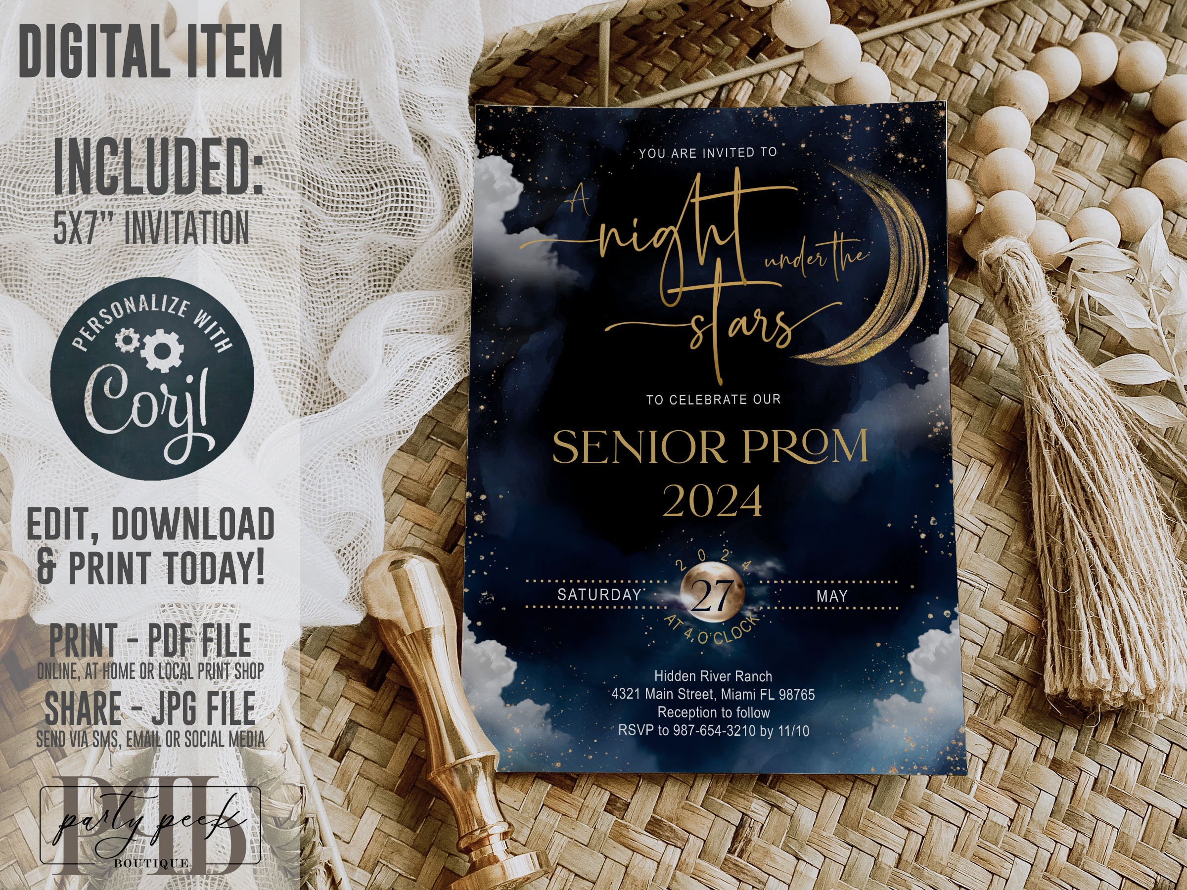 Editable A Night Under the Stars Graduation Invitation, Galaxy, Rustic ...