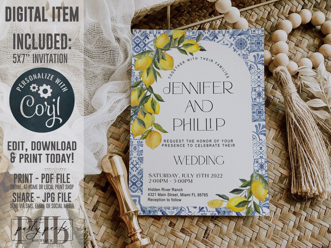 Editable Mediterranean Wedding Invitation, Positano, Blue Tile ...