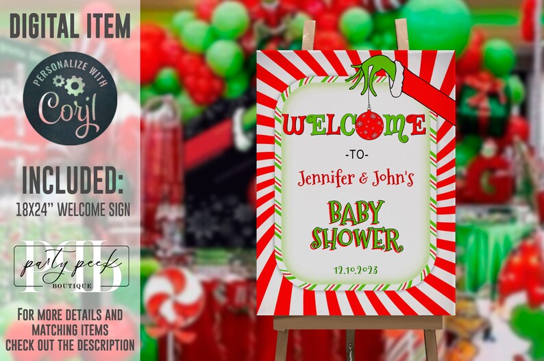 Editable Christmas Welcome Sign, Red Green Baby Shower, Cartoon, Baby ...