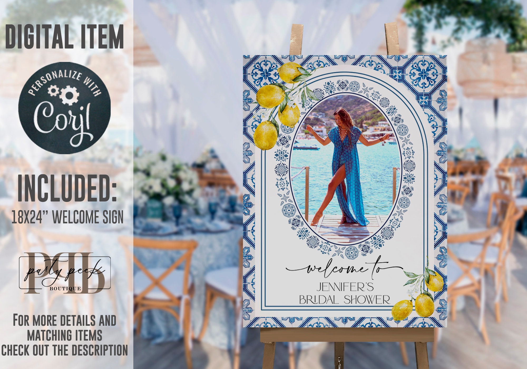 Editable Mediterranean Bridal Shower Welcome Sign With Photo, Positano ...