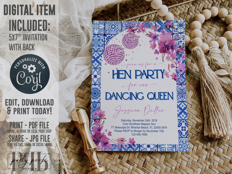Editable Dancing Queen Bachelorette Invitation With Back - Etsy