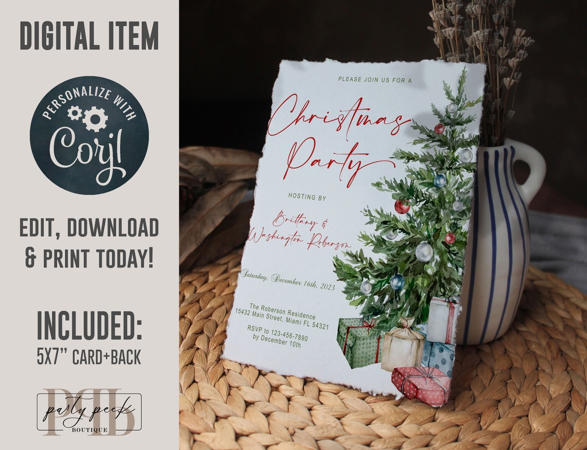 Editable Christmas Party Invitation, Classic, Christmas Tree, Elegant ...