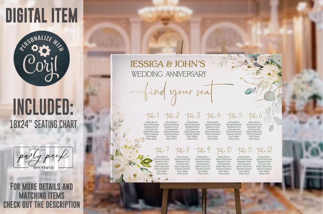 50th Anniversary Seating Chart Sign, Greenery, Floral, Gold, Elegant ...