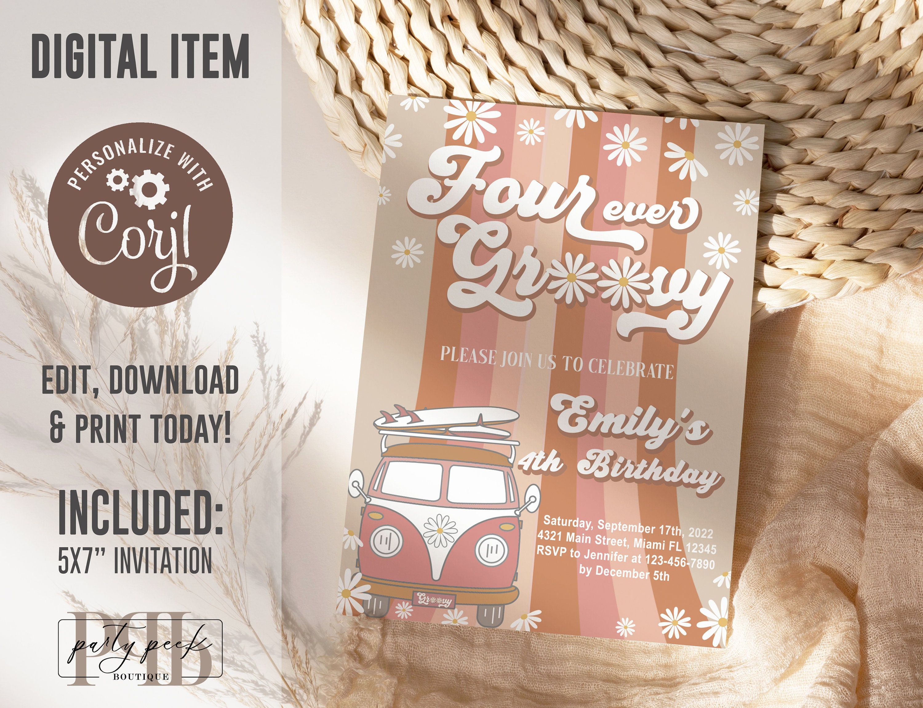 Editable Groovy 4th Birthday Invitation, Four Ever Groovy, Retro Party ...