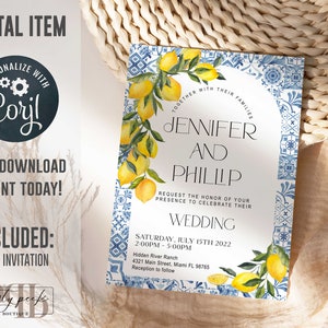 Editable Mediterranean Wedding Invitation, Positano, Blue Tile ...