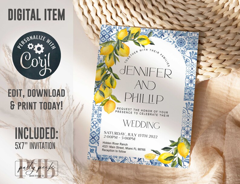 Editable Mediterranean Wedding Invitation, Positano, Blue Tile ...