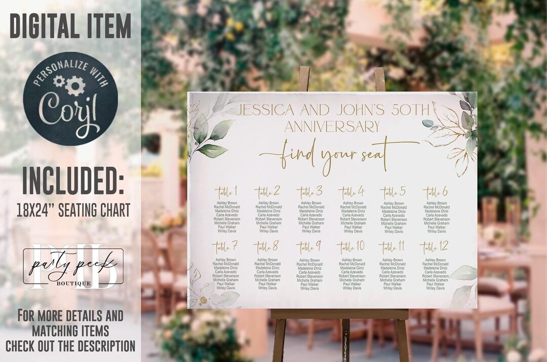 50th Anniversary Seating Chart Sign, Greenery, Gold, Elegant, Foliage ...