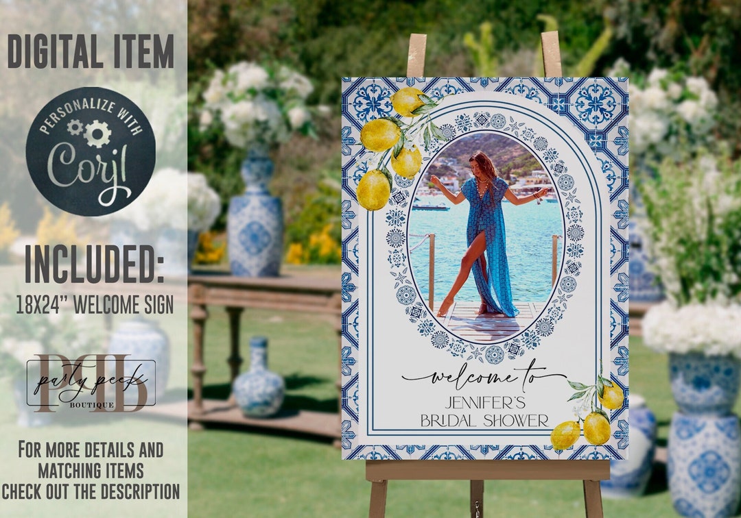 Editable Mediterranean Bridal Shower Welcome Sign With Photo, Positano ...