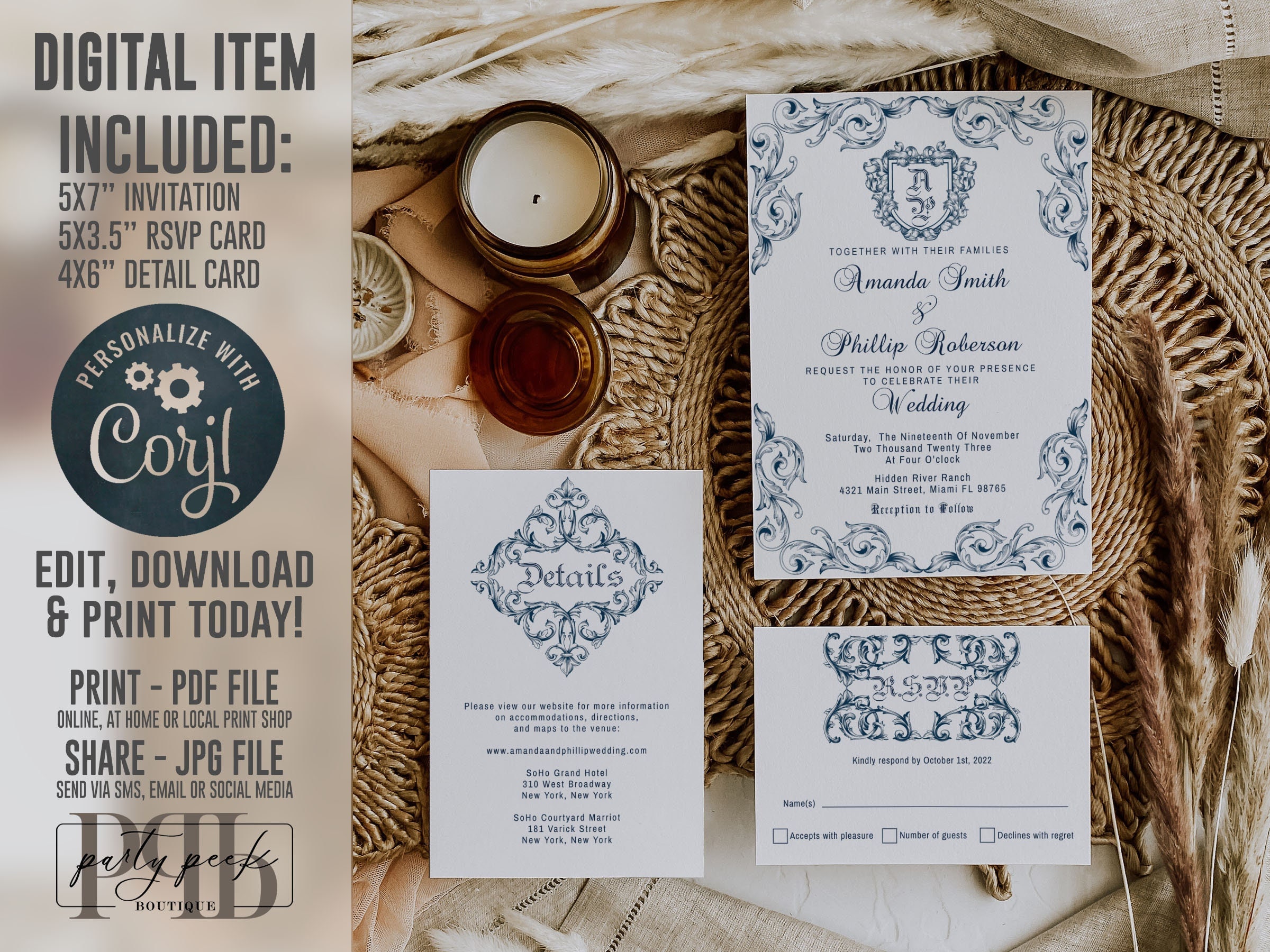 Editable Baroque Wedding Invitation Set, Classic Wedding, Traditional ...
