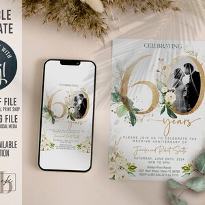 60th Anniversary Invitation, Greenery, Gold, Elegant, Foliage, Floral ...