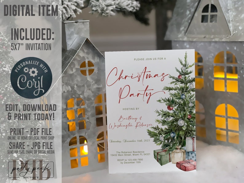 Editable Christmas Party Invitation, Classic, Christmas Tree, Elegant ...