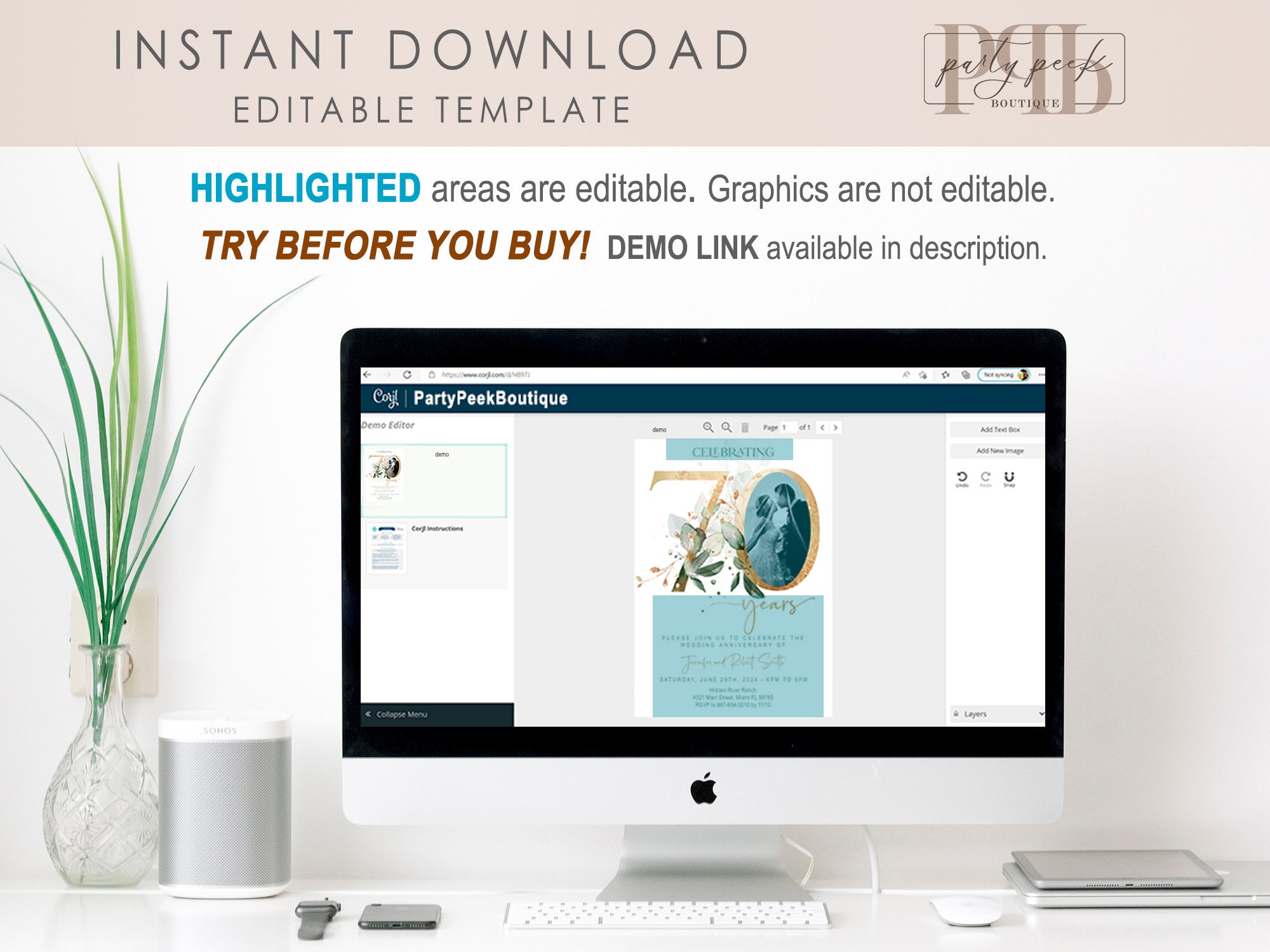 70th Anniversary Invitation, Greenery, Gold, Elegant, Foliage ...