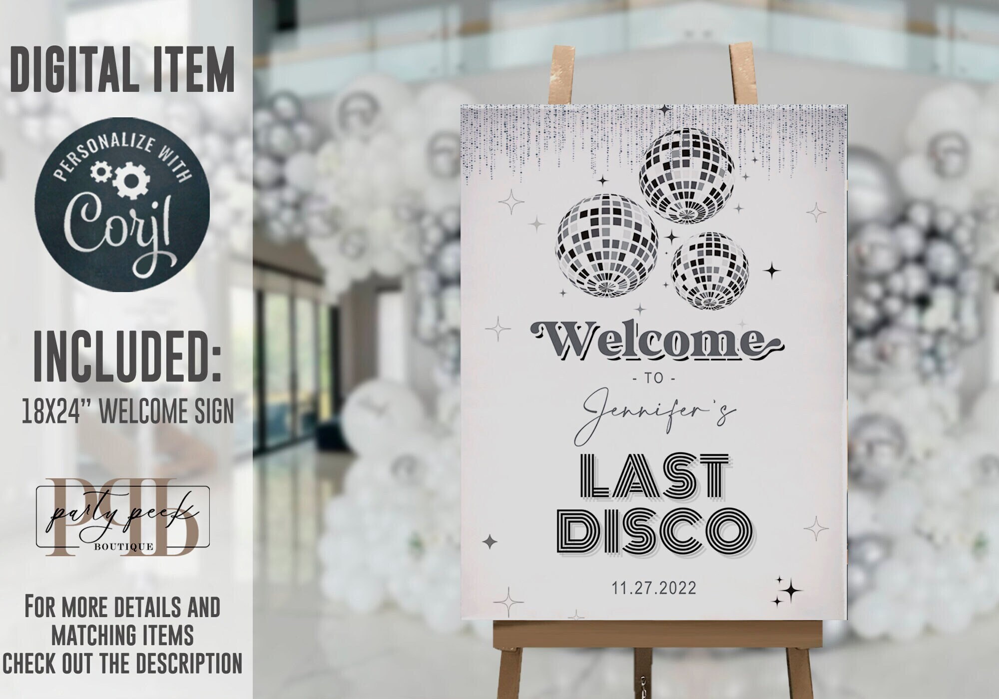 Editable Last Disco Welcome Sign, Silver Globe, Bachelorette Party ...