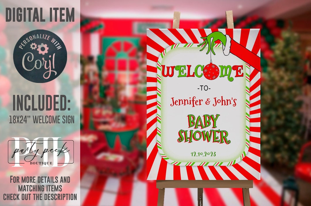 Editable Christmas Welcome Sign, Red Green Baby Shower, Cartoon, Baby ...