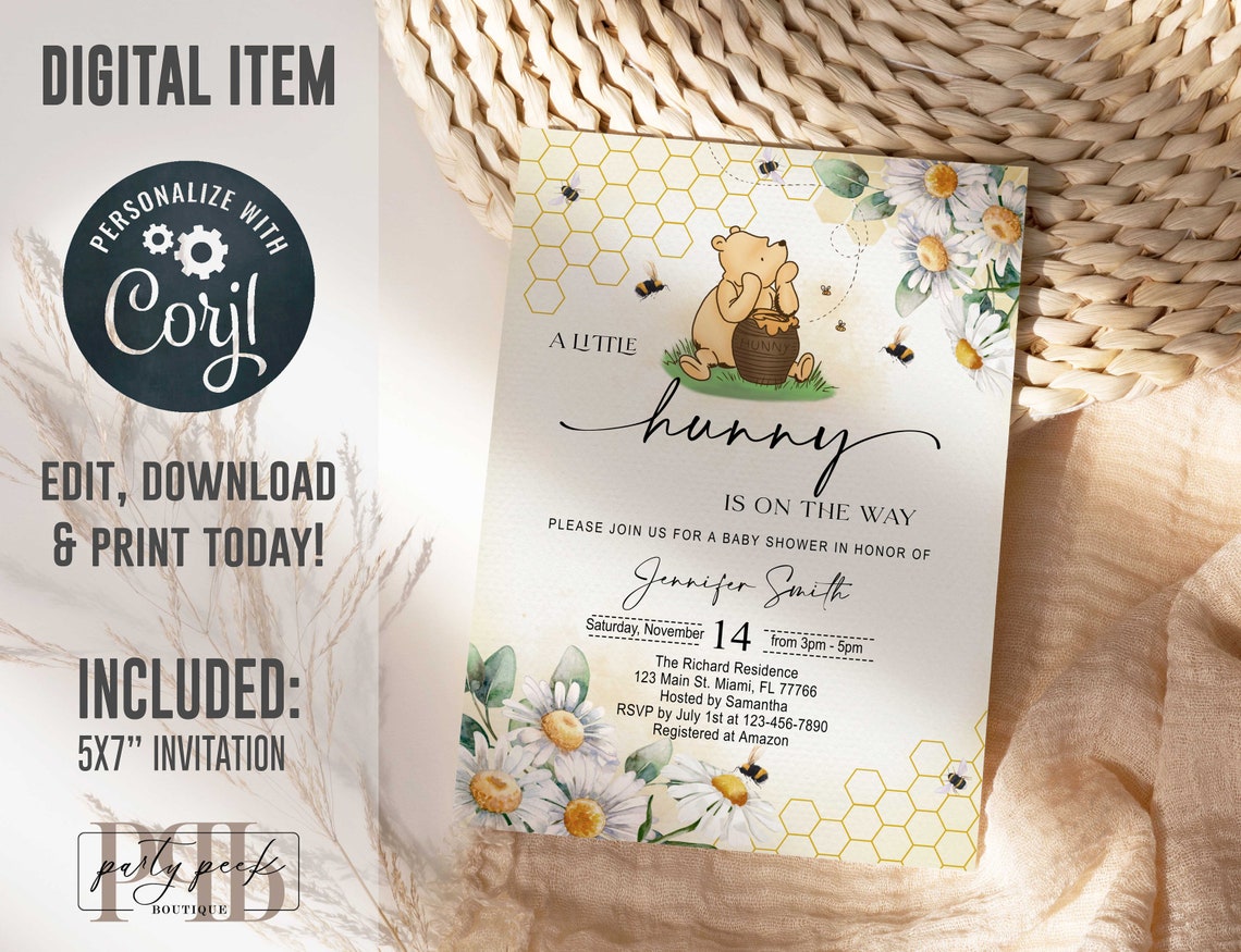 Editable Winnie the Pooh Baby Shower Invitation, Classic Winnie the ...