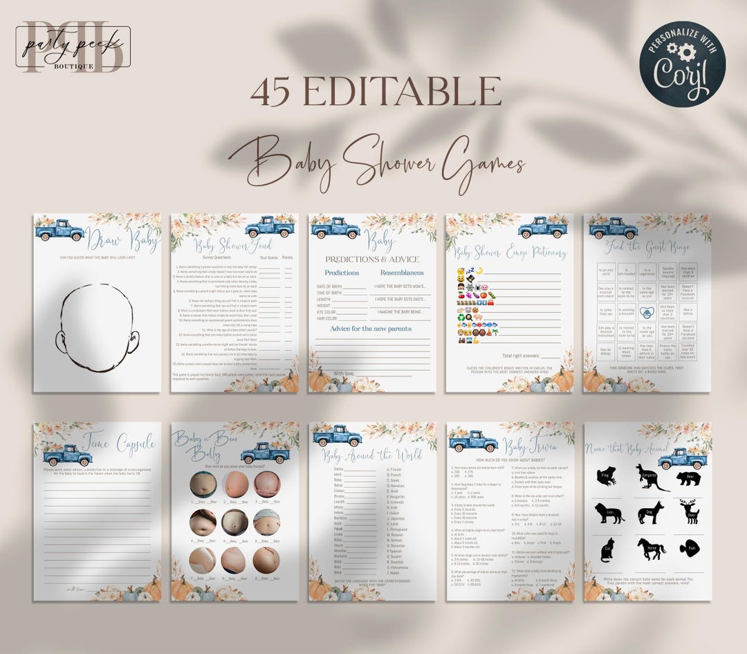 Editable Blue Truck Baby Shower Game Set, 45 Games, Fall Pickup Truck ...