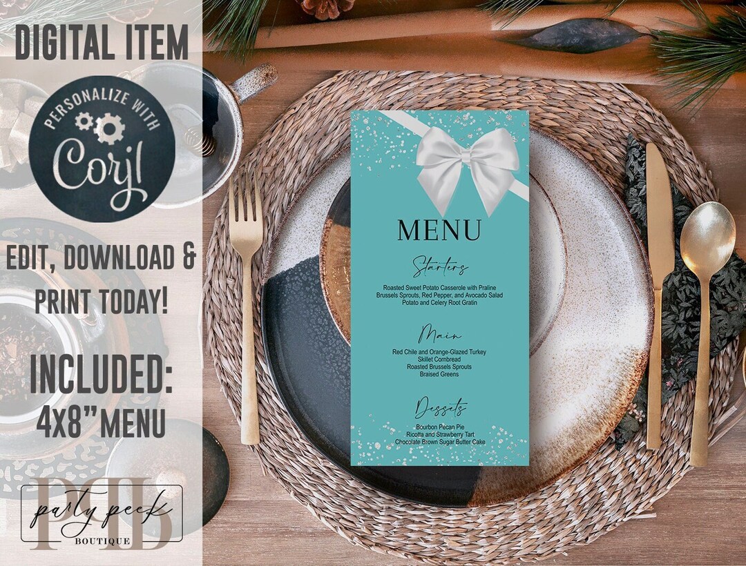 Editable Bridal & Co Menu, Breakfast at Tiffany, Turquoise Menu Card ...