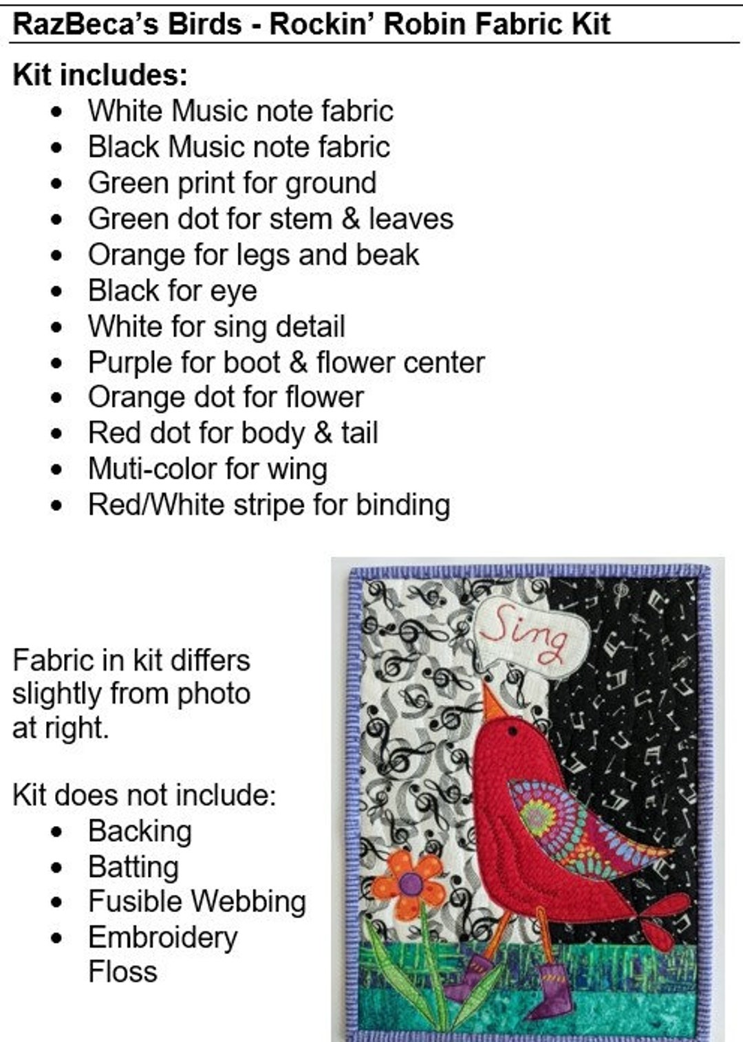 Robin FABRIC KIT ONLY - Raw Edge Applique - Wonky Bird Kit - Mini Quilt Kit - Razbeca's Birds - Etsy
