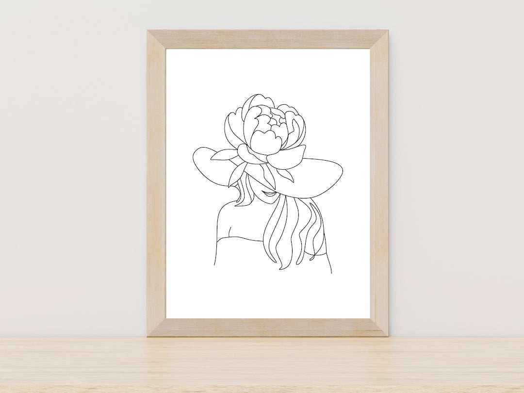 Women With Flower Hat Line Art, Head of Flowers Art Print, Flowers ...