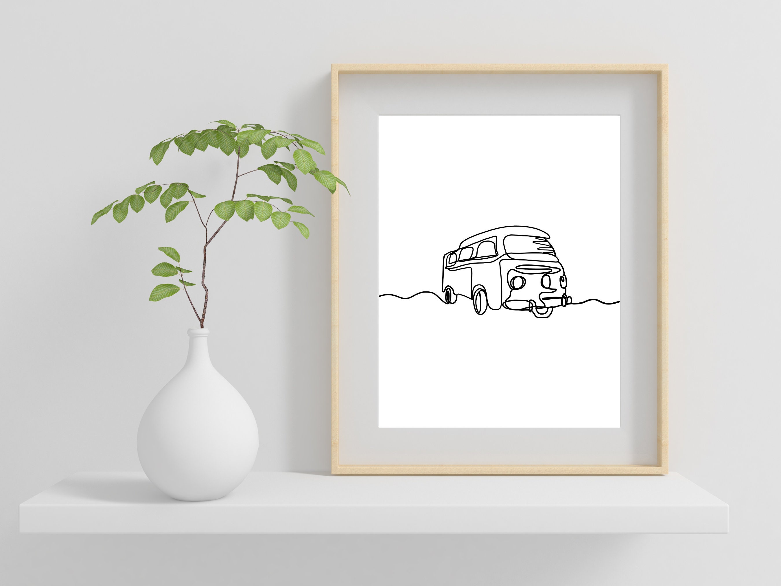 Minimalist Camper Van Continuous One Line Art, Camping Wall Decor ...