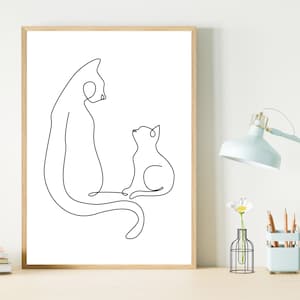 Minimalist Two Cat Line Art, Pet Print, Animal Outline Drawing, Room ...
