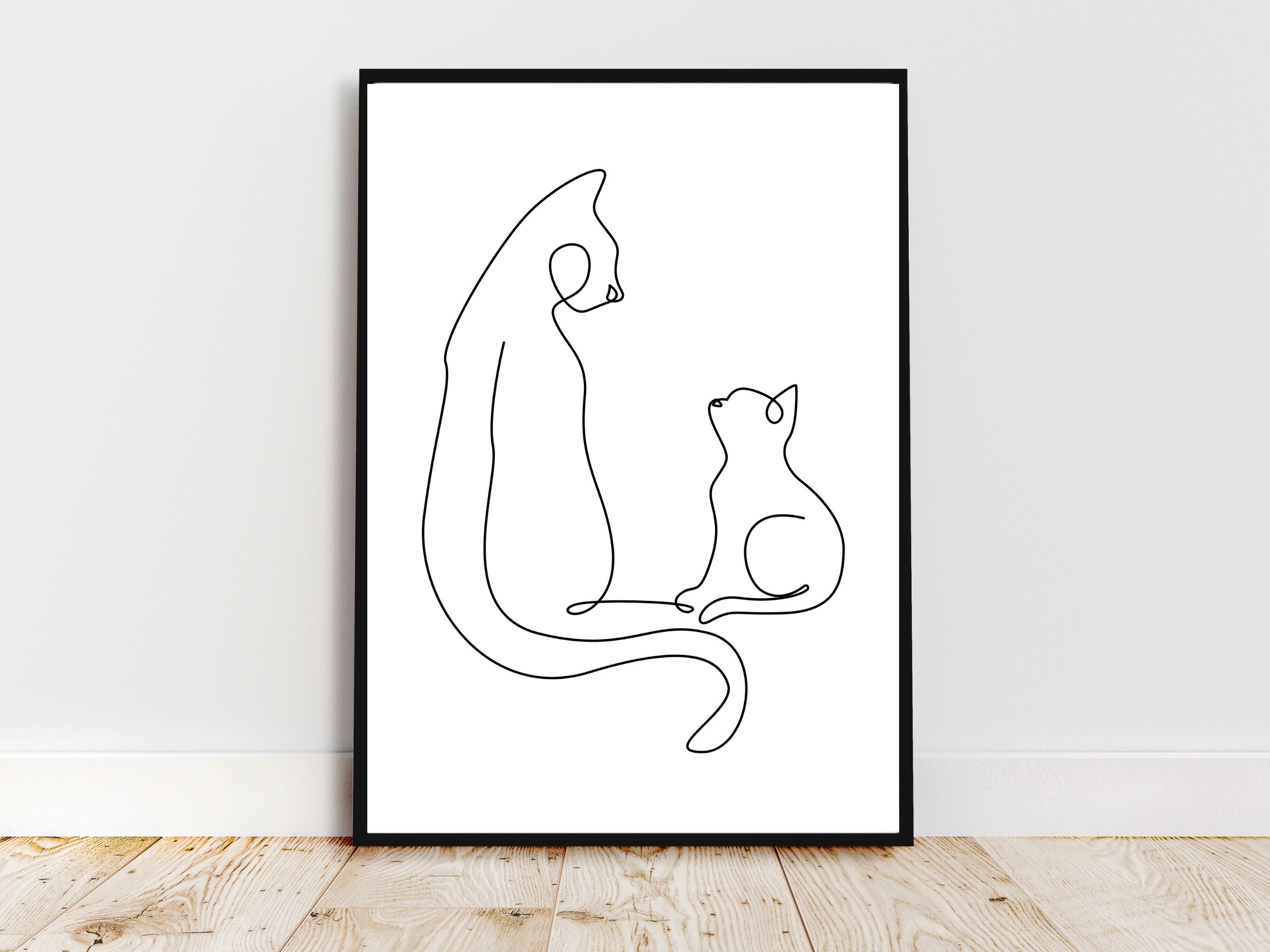 Minimalist Two Cat Line Art, Pet Print, Animal Outline Drawing, Room ...