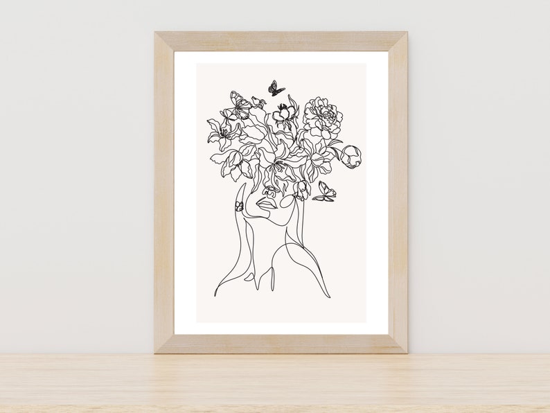 Woman With Flowers Line Art, Head of Flowers, Female Line Art, Floral ...
