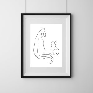 Minimalist Two Cat Line Art, Pet Print, Animal Outline Drawing, Room ...
