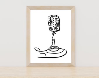 Microphone Line Art, Music Print, Abstract Singer Wall Decor ...