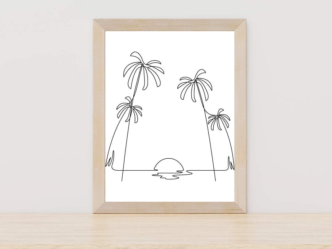 Sunset Beach Line Art Abstract Ocean Landscape Drawing Minimalist Ocean ...