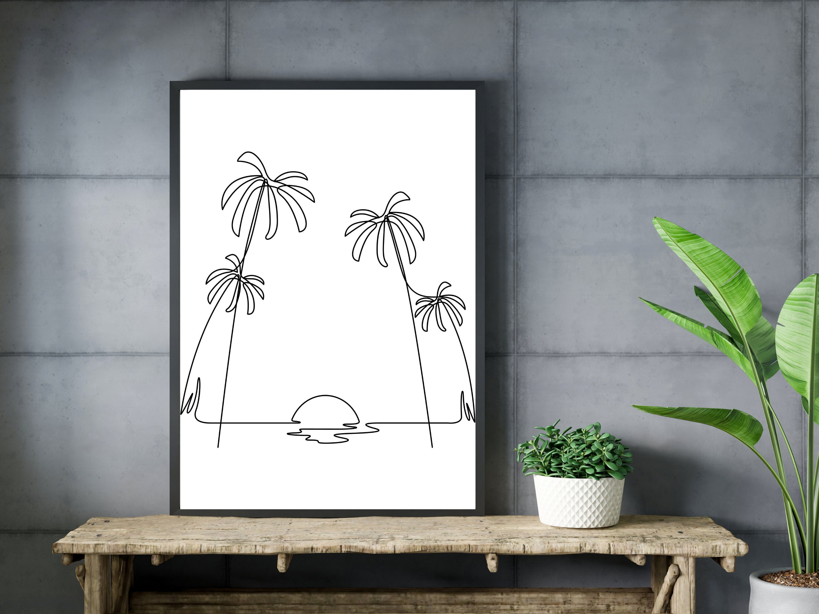 Sunset Beach Line Art Abstract Ocean Landscape Drawing Minimalist Ocean ...