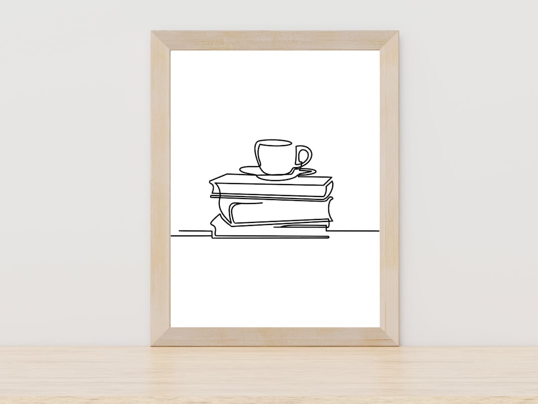 Book Line Art Bookish Print Bookish Gift Book Wall Art Coffee Line Art ...