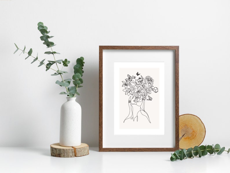 Woman With Flowers Line Art, Head of Flowers, Female Line Art, Floral ...