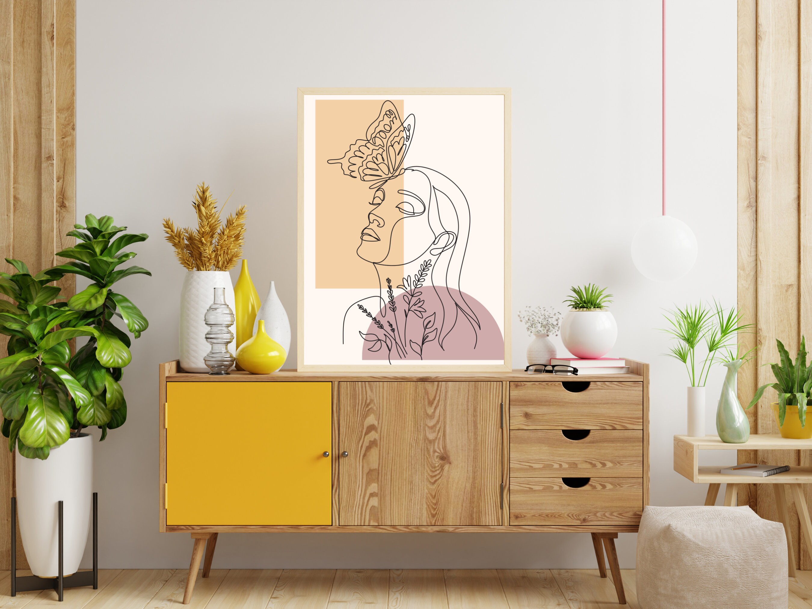 Women Line Art Print, Female Figure Line Art, Boho Floral Digital Print ...