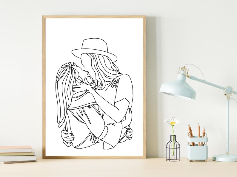 Two Girls Kissing Line Art, Lesbian Line Drawing, Pride Portrait ...