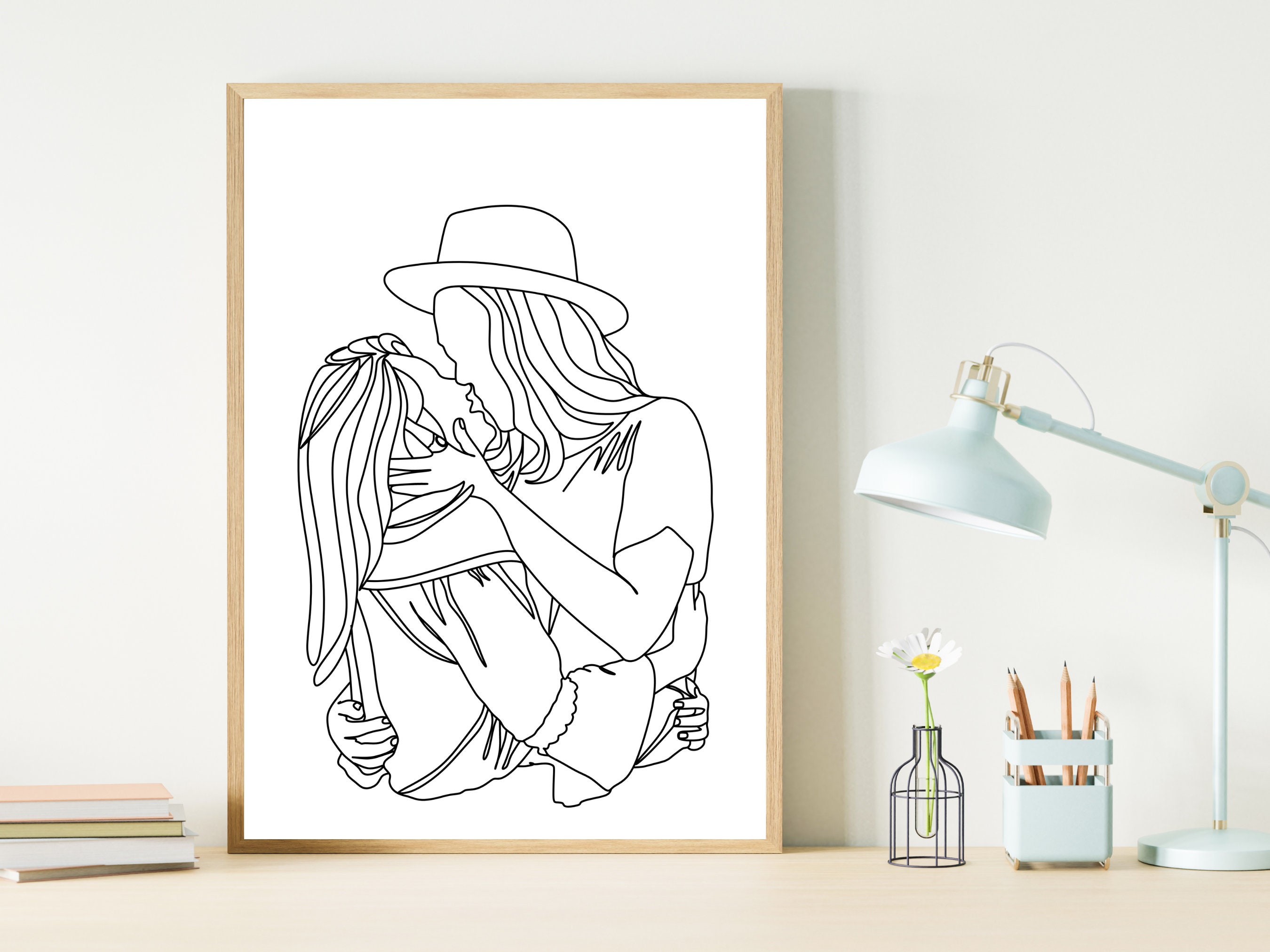 Two Girls Kissing Line Art, Lesbian Line Drawing, Pride Portrait ...
