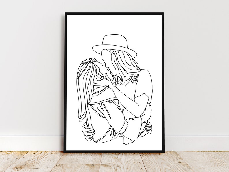 Two Girls Kissing Line Art, Lesbian Line Drawing, Pride Portrait ...