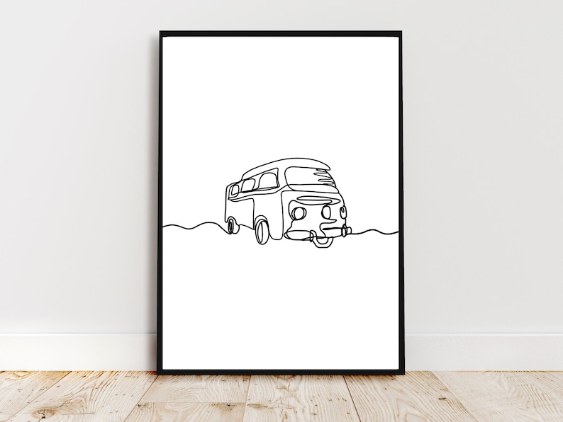 Minimalist Camper Van Continuous One Line Art, Camping Wall Decor ...