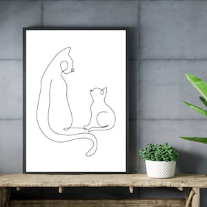 Minimalist Two Cat Line Art, Pet Print, Animal Outline Drawing, Room ...