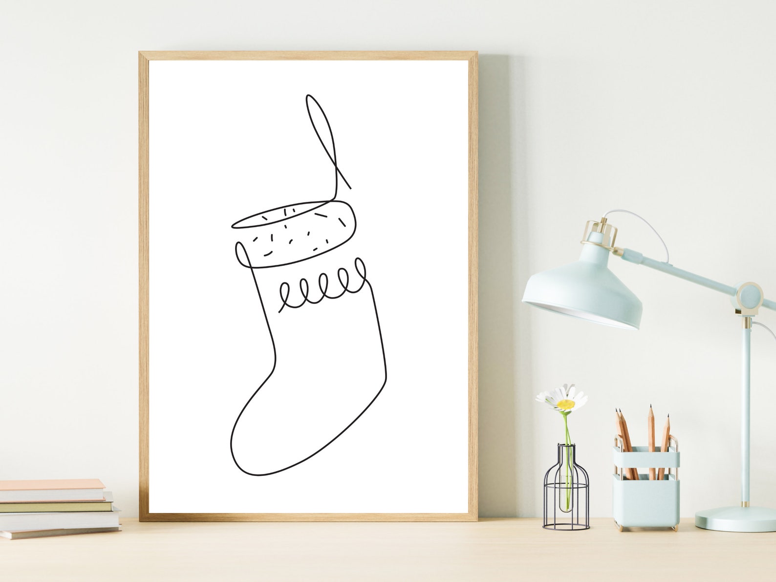 Christmas Stocking Line Art Minimal Christmas Wall Art - Etsy