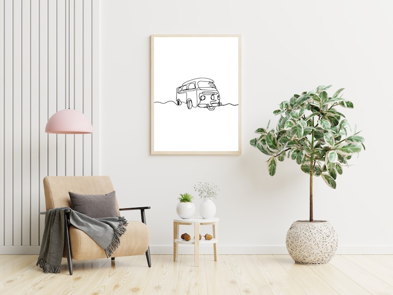 Minimalist Camper Van Continuous One Line Art, Camping Wall Decor ...