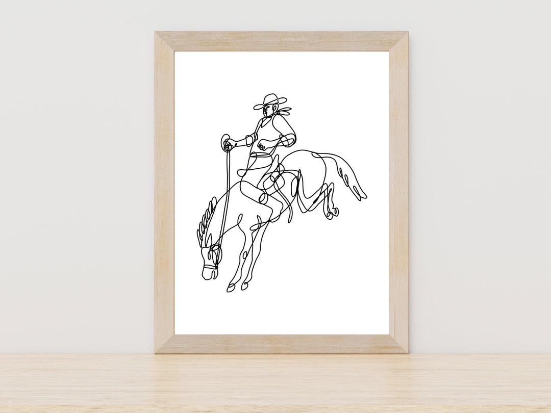 Minimalist Cowboy Rodeo Line Art Horse Rider Print Horseback - Etsy