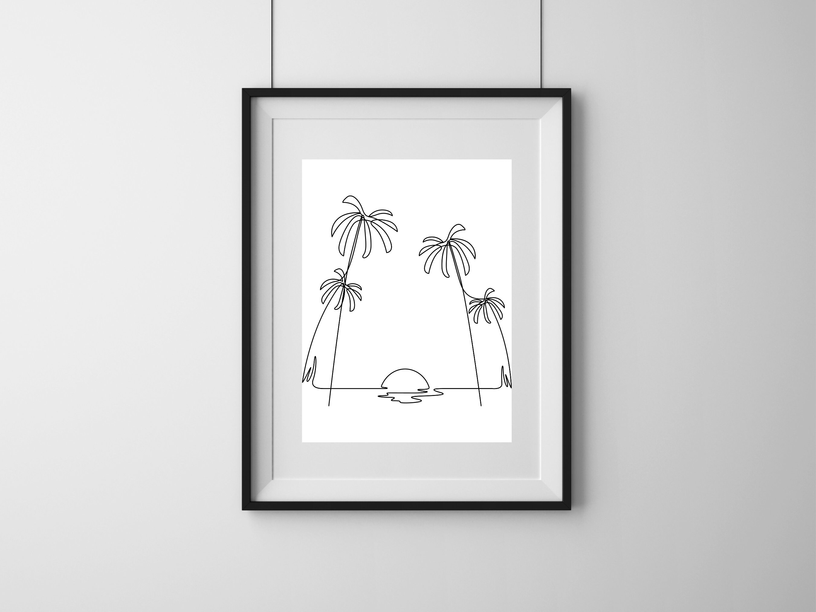 Sunset Beach Line Art Abstract Ocean Landscape Drawing Minimalist Ocean ...