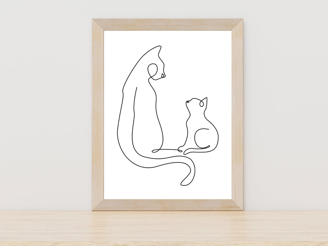 Minimalist Two Cat Line Art, Pet Print, Animal Outline Drawing, Room ...