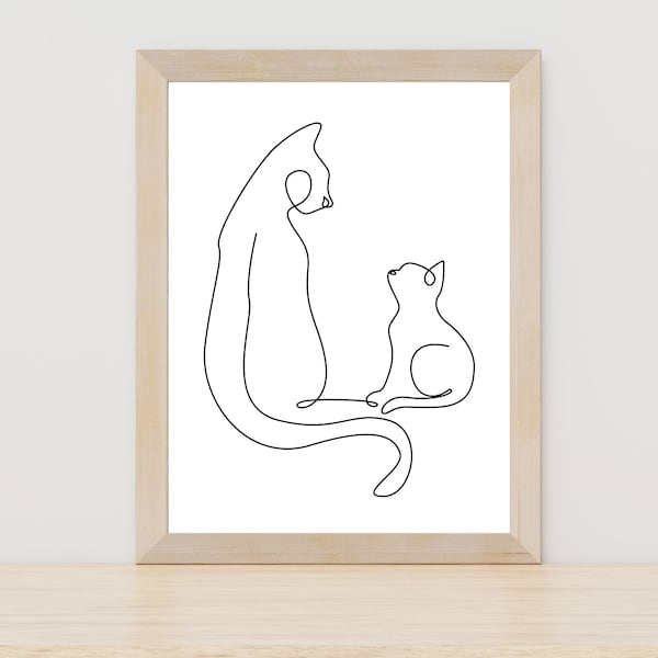 Minimalist Two Cat Line Art, Pet Print, Animal Outline Drawing, Room ...