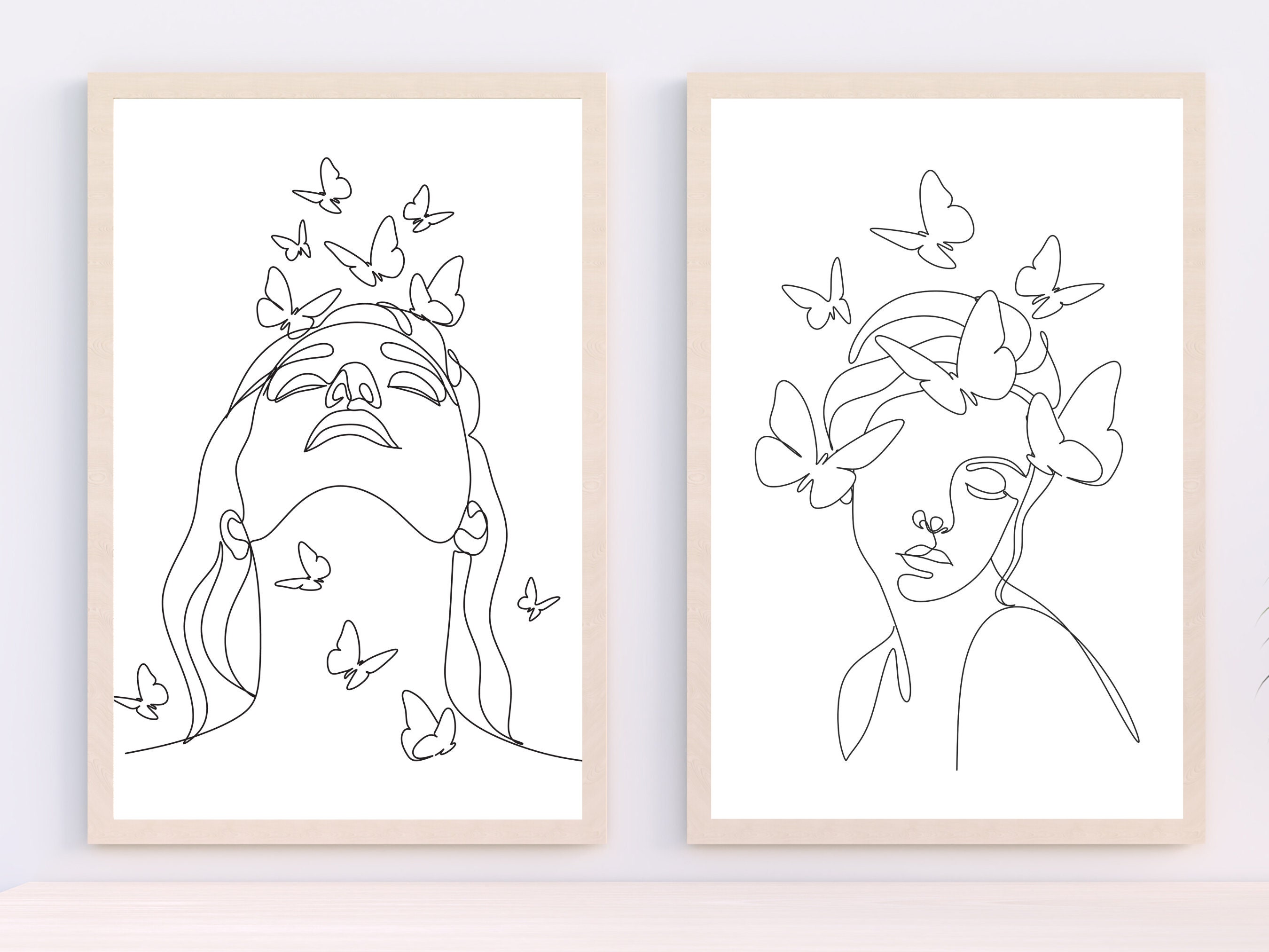 Set of 2 Women With Butterfly Line Art Prints, Line Drawing Set, One ...